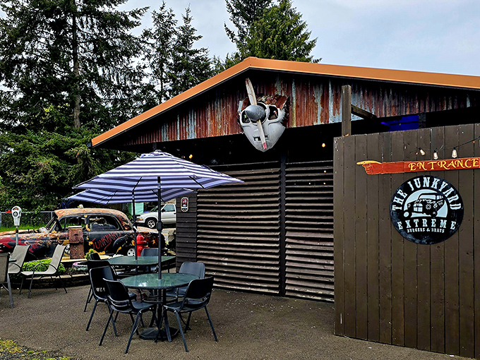 Outdoor seating under Oregon skies adds another dimension to the Junkyard experience &ndash; fresh air makes everything taste better.