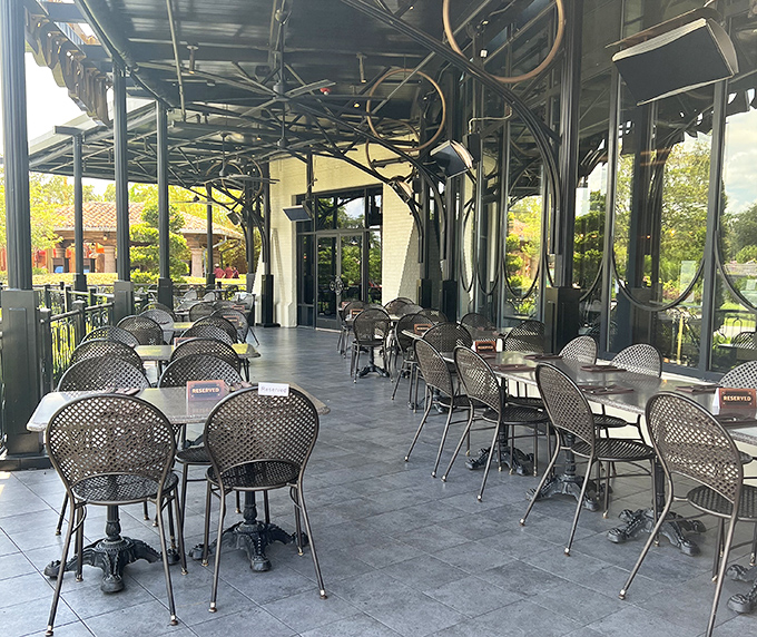 The outdoor patio offers a steampunk garden party vibe. Perfect for enjoying your chocolate creations while watching the CityWalk crowds with smug satisfaction.