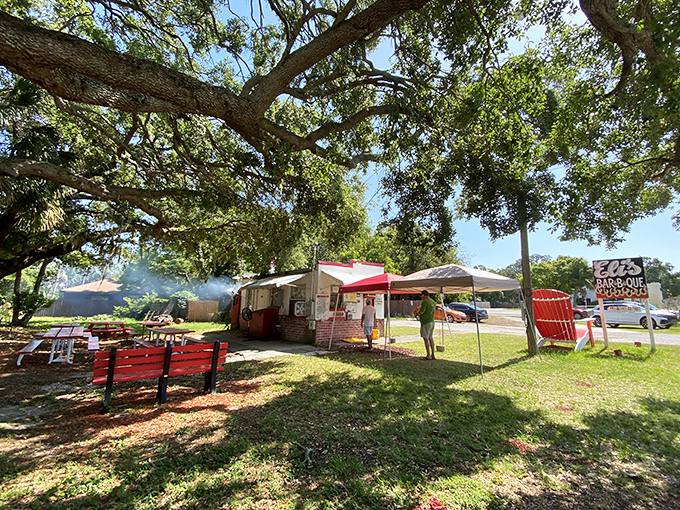 Dappled sunlight, red picnic tables, and the promise of smoked perfection &ndash; Florida's version of a backyard barbecue paradise.