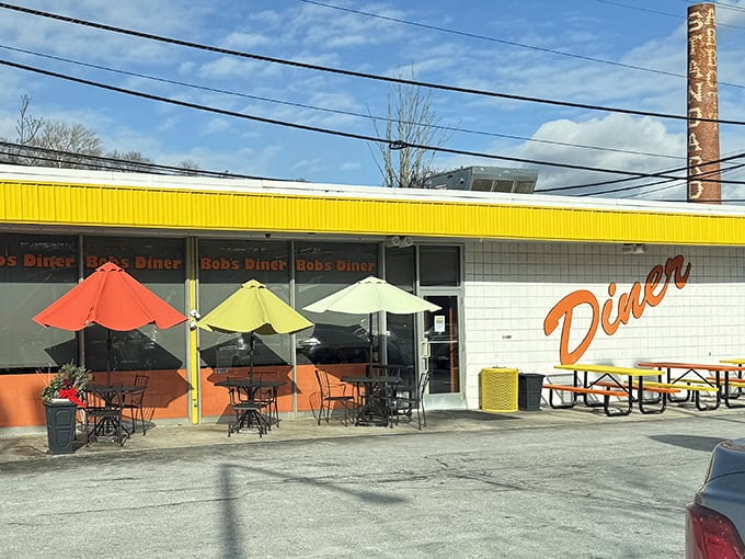 Even the outdoor seating sports the signature yellow and orange&mdash;like sitting inside a sunrise while you devour breakfast at any hour. 