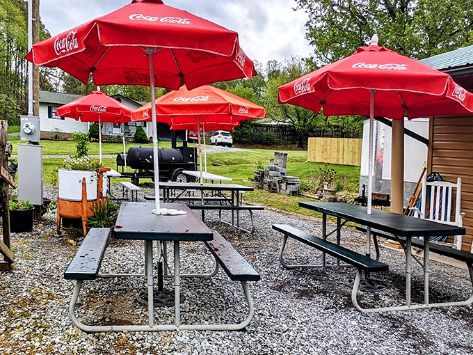 Picnic tables under Coca-Cola umbrellas &ndash; because sometimes the best meals happen in the fresh mountain air.