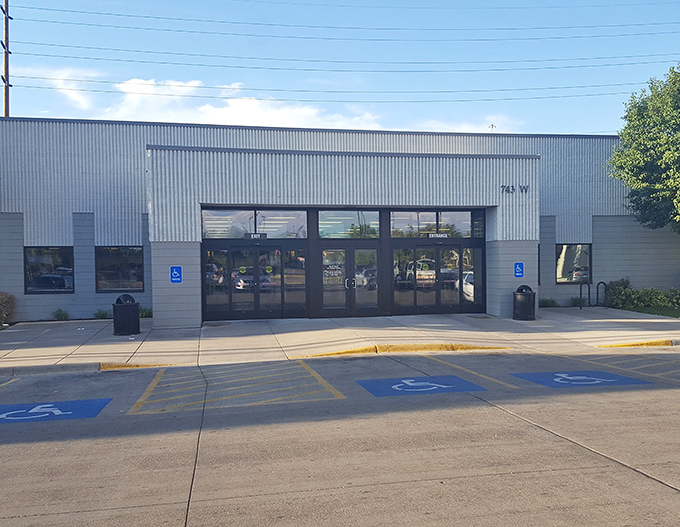 The exterior view reveals a no-frills approach that says, "We put our energy into what's inside, not fancy architecture."