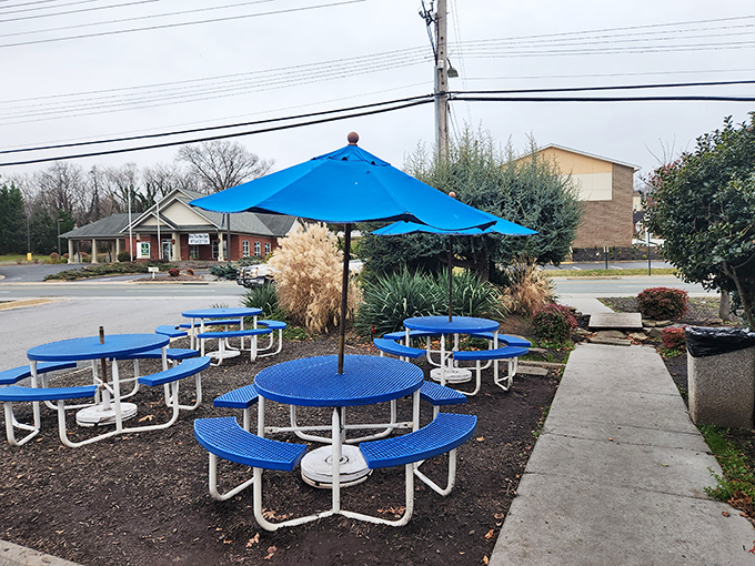 Blue umbrella tables offer al fresco dining for those who prefer their burgers with a side of vitamin D and gentle breezes.