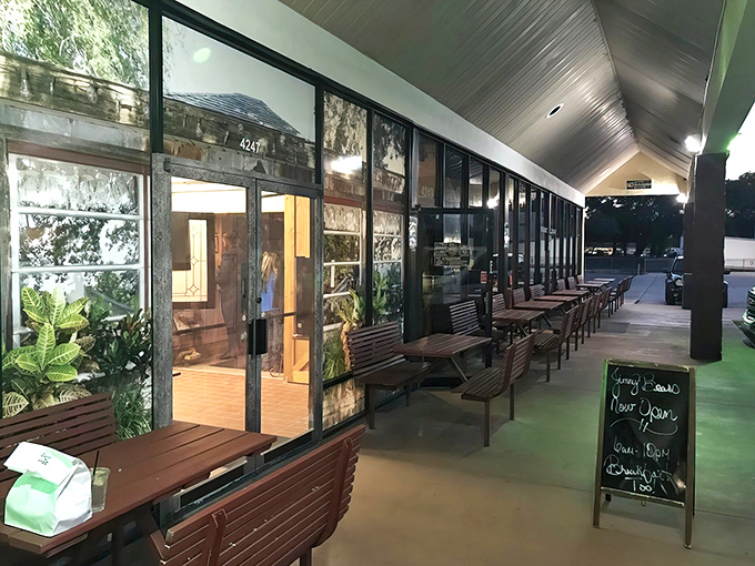 The covered outdoor seating area offers a perfect compromise for when you want fresh air but aren't willing to be more than 20 feet from smoked meat.