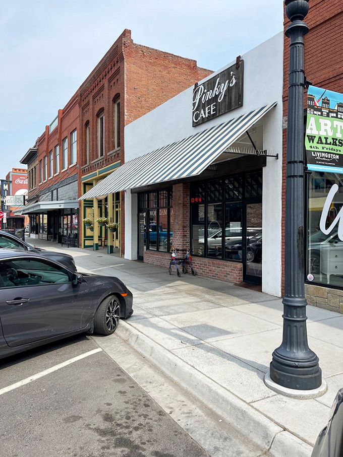Downtown Livingston's historic charm frames Pinky's perfectly. That blue and white awning is basically a breakfast bat-signal for hungry humans.
