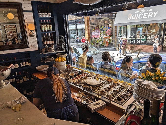 The raw bar display showcasing nature's briny jewels on ice&mdash;it's like an edible aquarium, but infinitely more delicious and satisfying.
