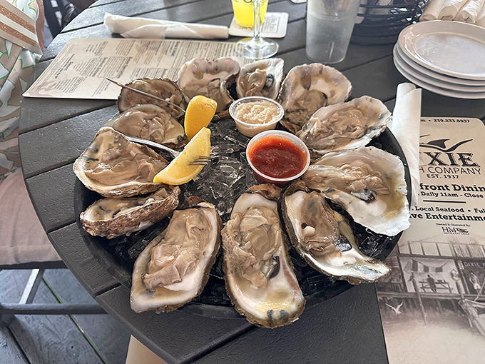 Oysters arranged like a delicious clock face, counting down the moments until your taste buds throw a standing ovation. Fresh, briny perfection on the half shell.