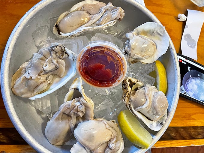 Fresh oysters on ice &ndash; ocean treasures that prove Brennan's mastery extends beyond freshwater fare to briny delights from distant shores.