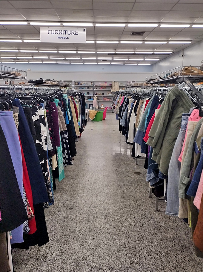 The clothing forest where fashion treasures hide in plain sight. Each garment hangs like a story waiting to be continued in someone else's wardrobe.