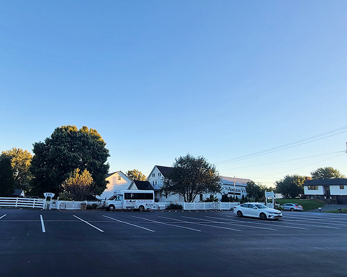Morning light bathes the parking lot where Amish buggies sometimes park alongside SUVs. Two worlds sharing breakfast&mdash;and common ground.