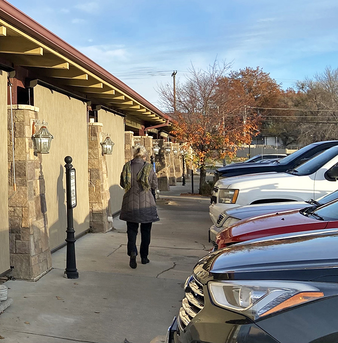 The path to breakfast nirvana is paved with stone pillars and anticipation. Every step brings you closer to comfort food glory.