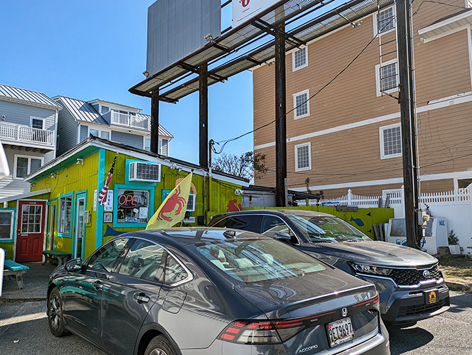 The humble parking area outside this seafood sanctuary. Cars gather like pilgrims at a shrine dedicated to crustacean perfection.