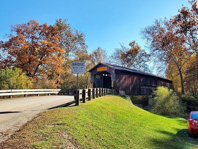 Autumn's golden touch transforms the approach into something magical. The bridge awaits like a wooden portal to simpler times.