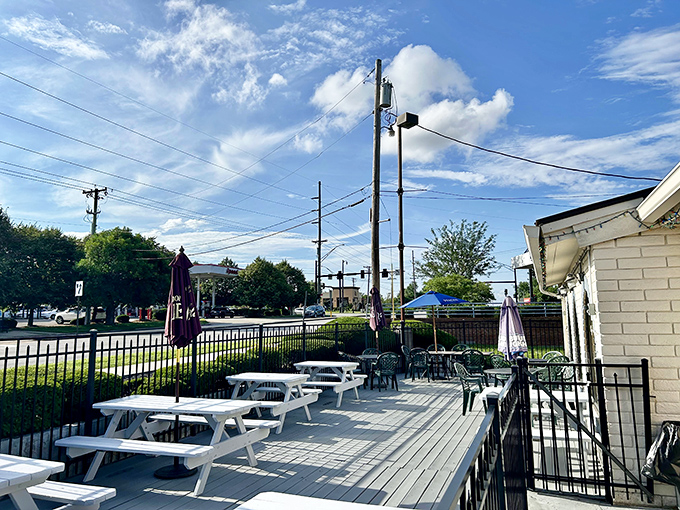 The outdoor patio offers al fresco dining under Ohio skies &ndash; a perfect spot for summer evenings with a glass of wine.
