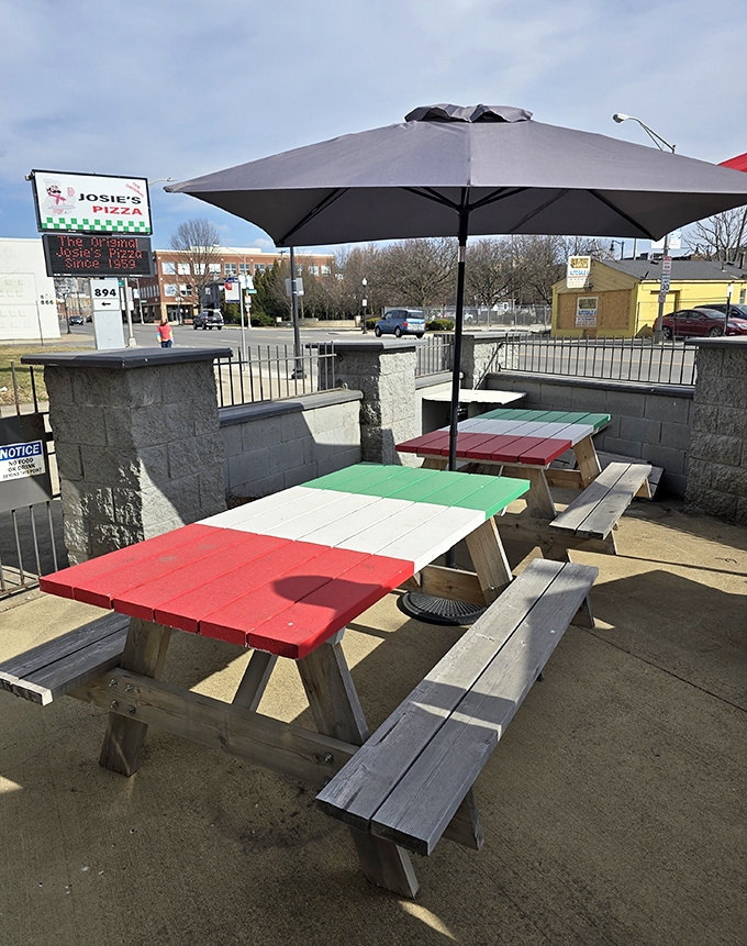Picnic tables painted in festive colors say "summer isn't over yet" even when Ohio weather strongly suggests otherwise.