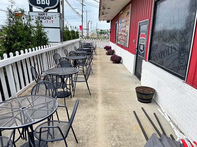 Outdoor seating that promises fresh air to counterbalance your meat sweats. Indiana summers were made for patio BBQ.