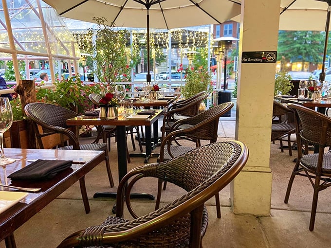 The outdoor patio offers a front-row seat to Arlington's street life, with comfortable wicker chairs perfect for lingering over a post-dinner drink.