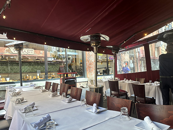 The covered patio offers front-row seats to San Francisco's urban theater. Dine al fresco without worrying about Karl the Fog crashing your party.