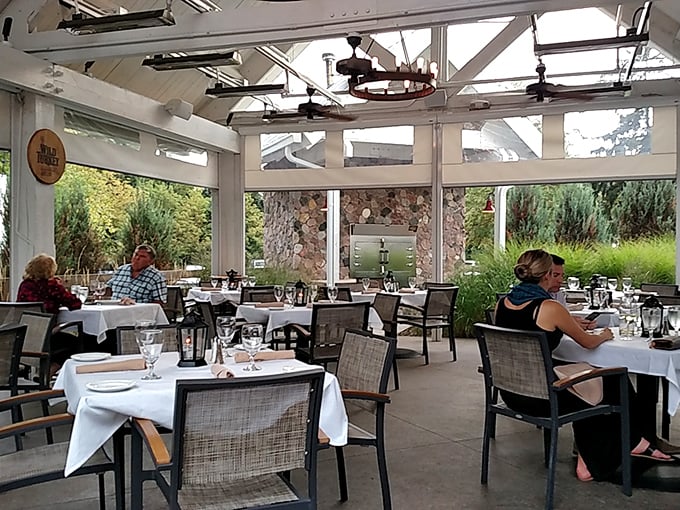 The patio offers al fresco dining where nature provides the perfect backdrop for your carnivorous adventures.