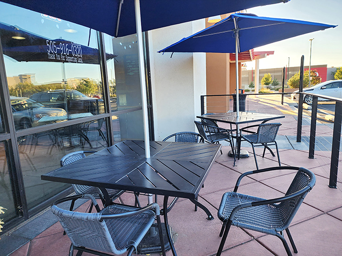 Desert dining with a coastal soul &ndash; these shaded outdoor tables offer the perfect perch for enjoying ocean-fresh flavors under New Mexico's brilliant blue skies.
