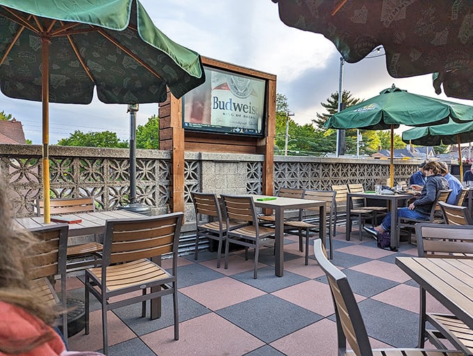 The patio offers al fresco dining where summer evenings stretch long under Minnesota's famously late sunsets.