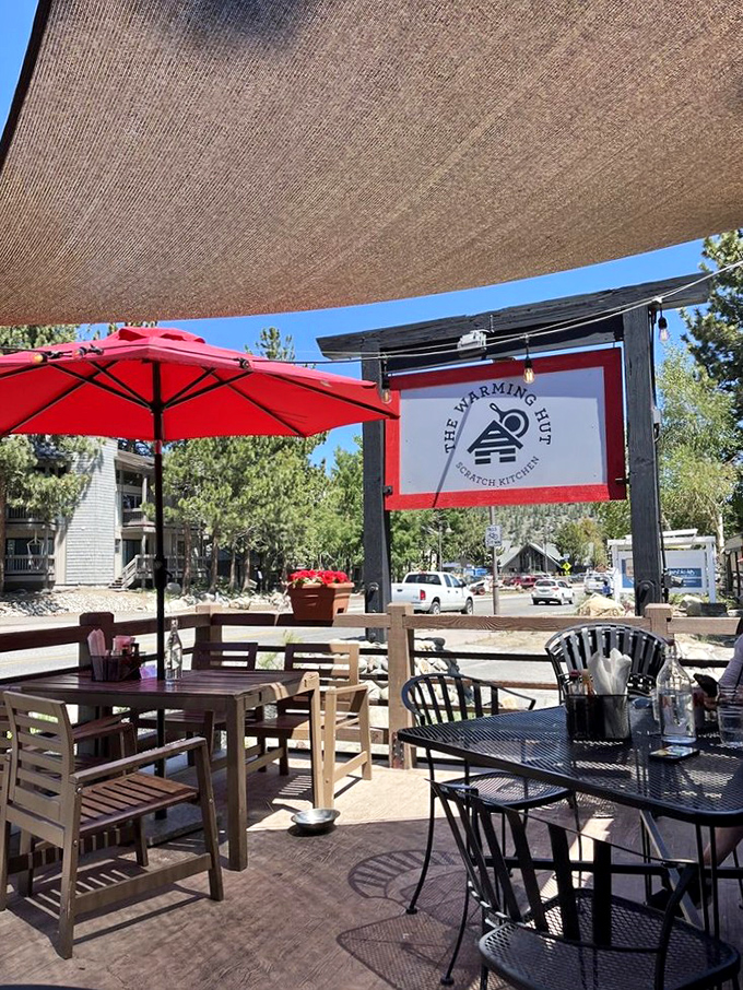 Under dappled shade, the patio tables offer front-row seats to Mammoth's natural splendor and people-watching opportunities.