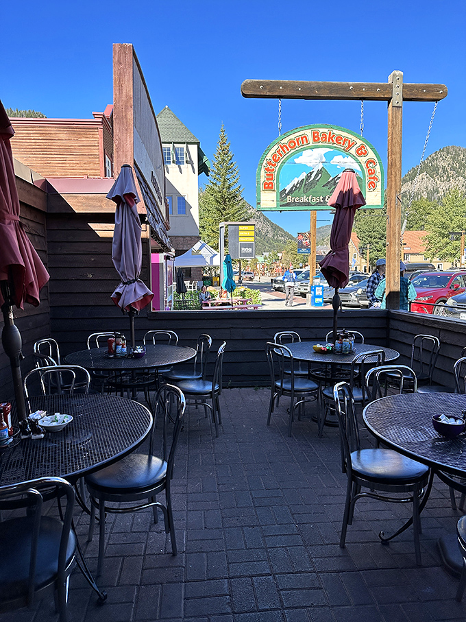 The outdoor seating area offers front-row tickets to the best show in town: breakfast with a side of Rocky Mountain majesty.