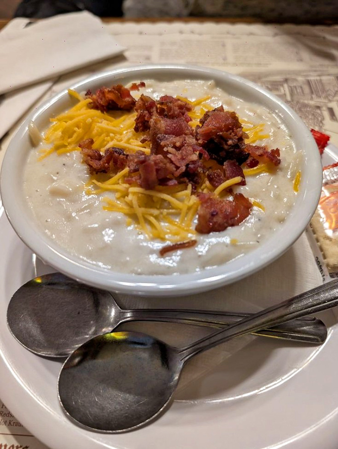This potato soup doesn't just warm your body &ndash; it hugs your soul. Topped with bacon and cheese, it's what comfort tastes like on a cold Ohio day. 