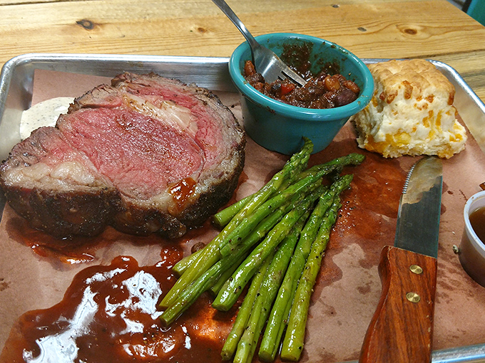Prime rib that's blushing perfectly pink in the middle, like it's flattered by your attention. Those asparagus spears don't stand a chance.