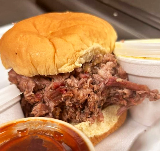 The pulled pork sandwich &ndash; a study in beautiful simplicity. Tender strands of smoke-kissed pork piled high on a soft bun with sauce on standby.