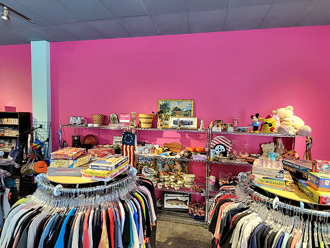 A corner bursting with colorful treasures, from clothing to toys to home décor – proof that one person's decluttering is another's jackpot.