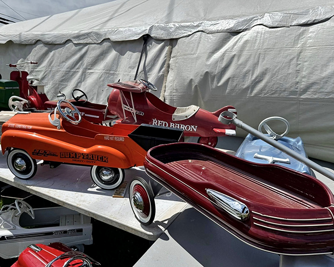 These pedal cars aren't just toys – they're childhood dreams made metal, waiting for a new generation of backyard adventurers.