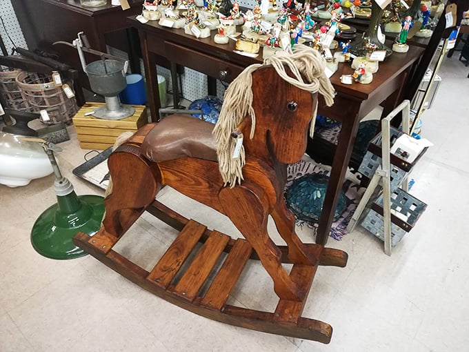 This wooden rocking horse has likely carried generations of imaginative young riders on adventures far beyond the living room where it once stood.