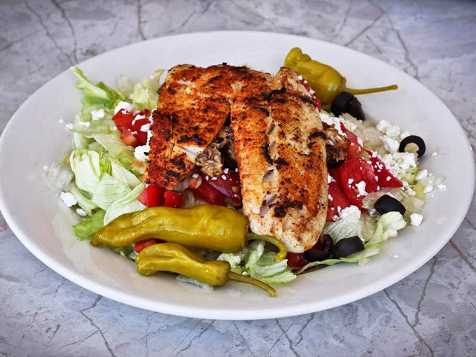 A salad that doesn't apologize for being in a diner—grilled chicken, fresh vegetables, and those signature pepperoncini that add just the right amount of zing.