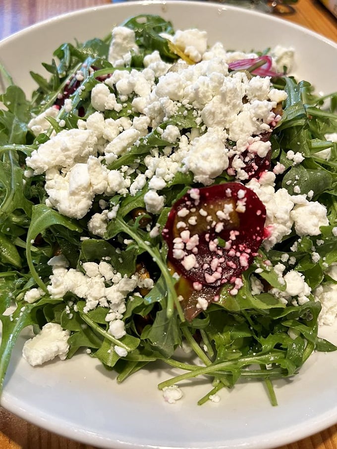 A salad that doesn't apologize for being healthy&mdash;arugula, beets, and feta create a symphony of flavors that stands proud alongside the smokehouse stars.