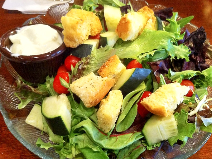 A garden-fresh salad that doesn't feel like punishment. Crisp greens, vibrant veggies, and those homemade croutons seal the deal.