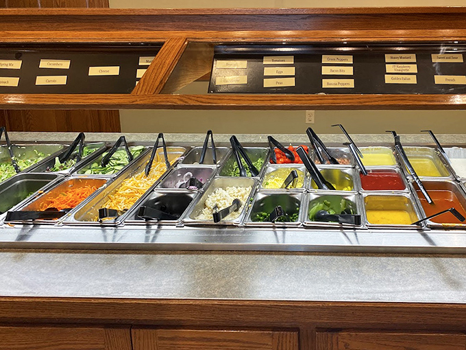 The salad bar: a rainbow of fresh ingredients that somehow makes eating vegetables feel like an indulgence rather than a obligation.