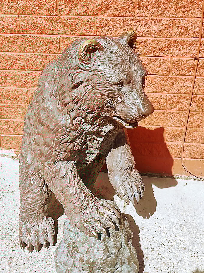 This bronze bear statue stands sentinel outside, as if to say, "Yes, the pancakes really are worth running for."