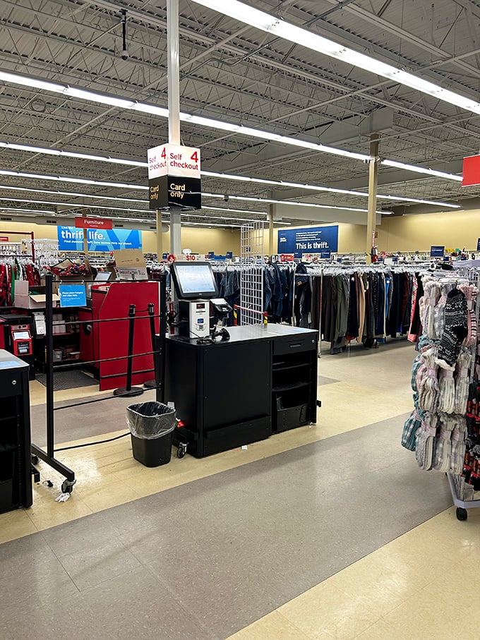 The self-checkout area: where triumphant treasure hunters complete their quests, calculating just how much they saved on today's expedition.