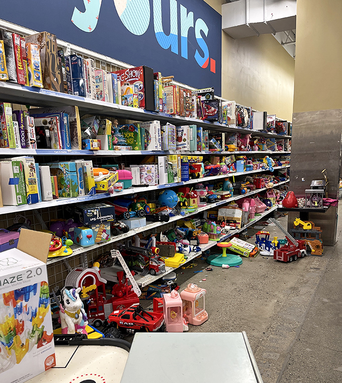 Toy paradise where childhood memories are recycled, and parents silently celebrate prices that won't break college funds.
