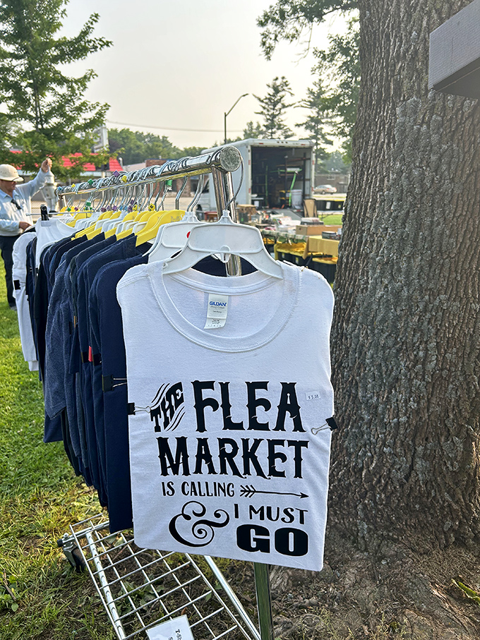 The unofficial uniform of dedicated flea marketers. This t-shirt speaks the truth for thousands of Wisconsin weekend warriors answering the call of the hunt.