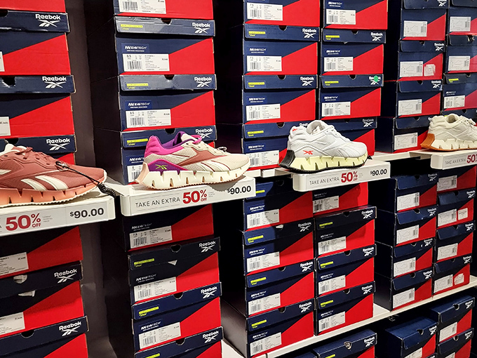 The shoe wall of dreams&mdash;where 50% off signs create the kind of excitement usually reserved for winning lottery numbers.