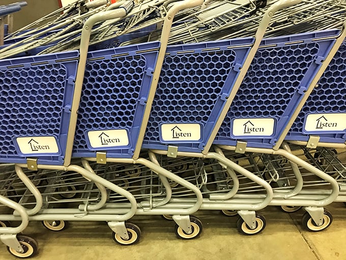 The iconic blue shopping carts, branded with purpose, ready to be filled with treasures that were once loved and will be loved again.