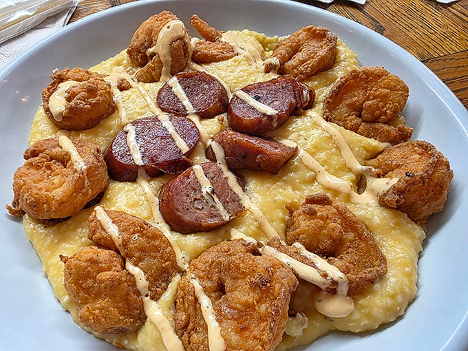 Shrimp and grits elevated to an art form. The andouille sausage adds punctuation marks of flavor to a Southern classic that deserves your full attention.