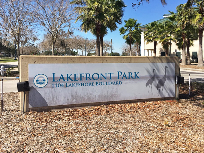 The entrance sign welcomes visitors to Lakefront Park, where 1104 Lakeshore Boulevard leads to unexpected beach bliss.