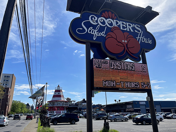 Cooper's illuminated sign stands as a beacon for hungry travelers, promising oceanic delights in coal country.