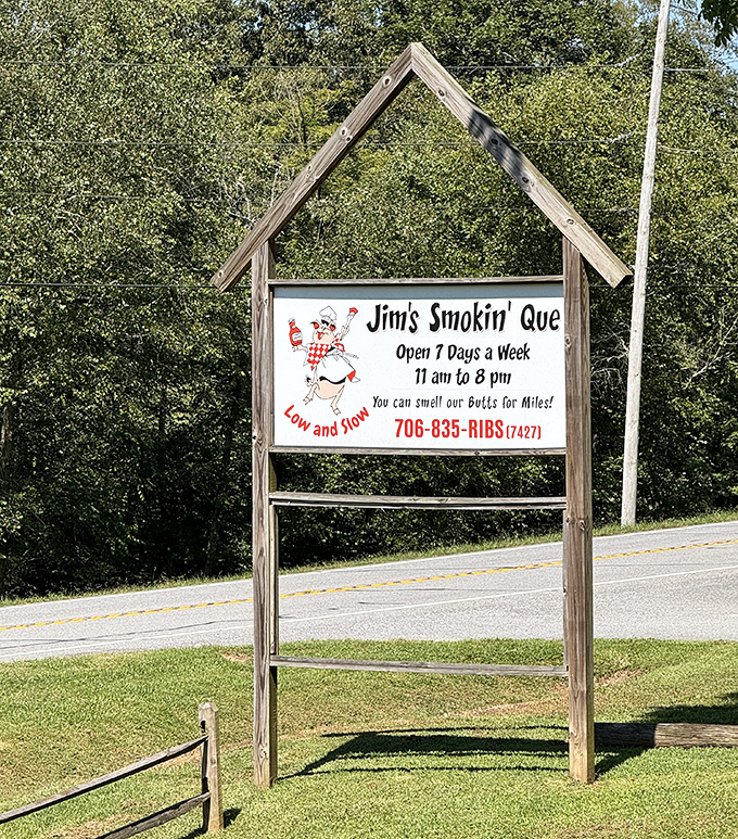 "You can smell our butts for miles!" The sign says everything you need to know about Jim's sense of humor and commitment to pork.