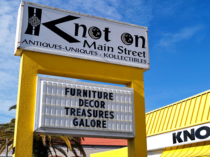 The sunshine-yellow marquee isn't just a sign&mdash;it's a beacon for treasure hunters. "FURNITURE DECOR TREASURES GALORE" isn't just advertising, it's a promise.