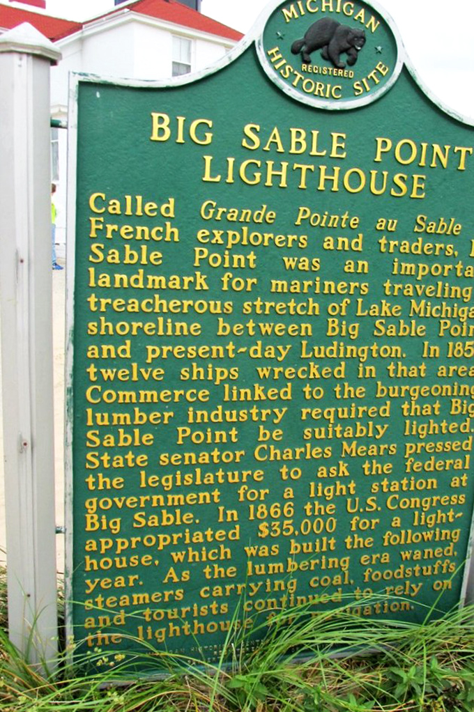 The historical marker reveals Big Sable's French origins&mdash;"Grande Pointe au Sable"&mdash;proving that even lighthouses sound fancier in French.