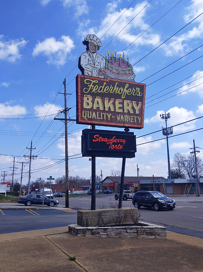 That vintage sign has guided hungry pilgrims through decades of St. Louis weather, promising "Quality-Variety" with the confidence of a campaign slogan.